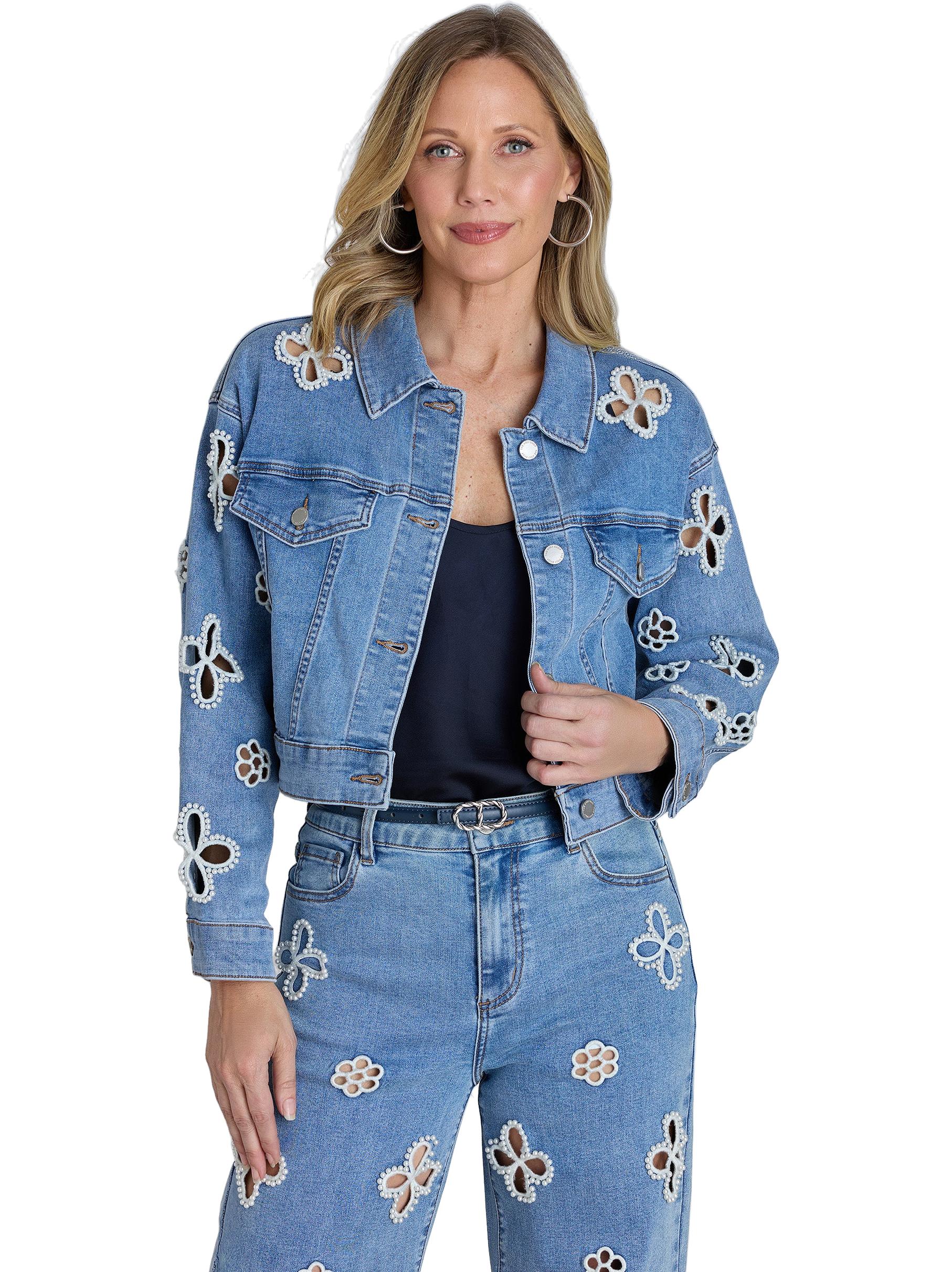 THE NOLI SHOP The Noli Shop Kaia Pearl Embellished Cropped Denim Jacket
